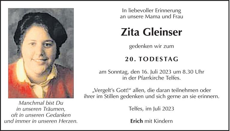 Jahrestag von Zita Gleinser vom 16.07.2023 | Tiroler Tageszeitung