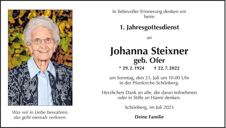 Jahrestag von Johanna Steixner vom 22.07.2022 | Tiroler Tageszeitung
