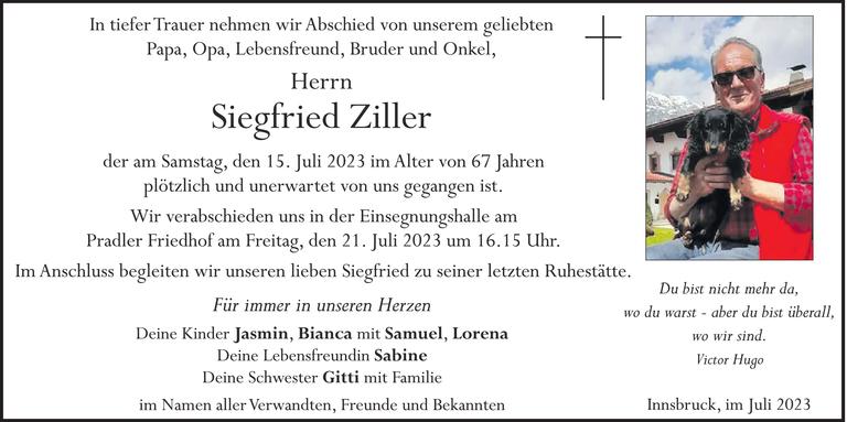 Traueranzeige von Siegfried Ziller vom 15.07.2023 | Tiroler Tageszeitung