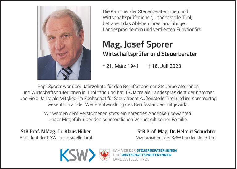 Traueranzeige von Josef Sporer vom 18.07.2023 | Tiroler Tageszeitung