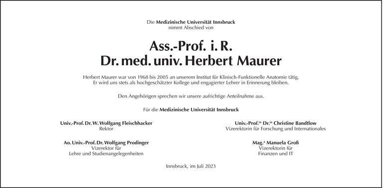 Traueranzeige von Herbert Maurer vom 29.07.2023 | Tiroler Tageszeitung
