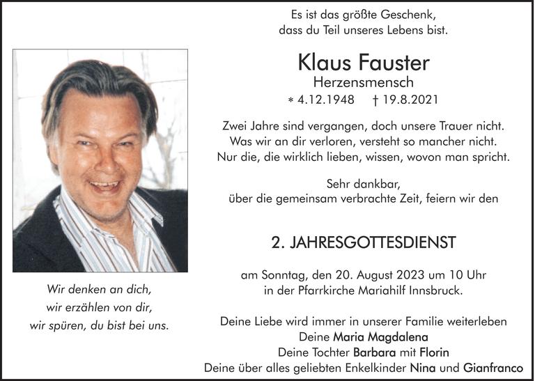 Jahrestag von Klaus Fauster vom 19.08.2021 | Tiroler Tageszeitung