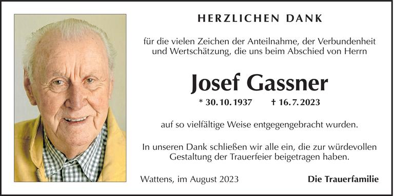 Danksagung von Josef Gassner vom 16.07.2023 | Tiroler Tageszeitung