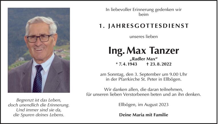 Traueranzeige von Max Tanzer vom 23.08.2022 | Tiroler Tageszeitung