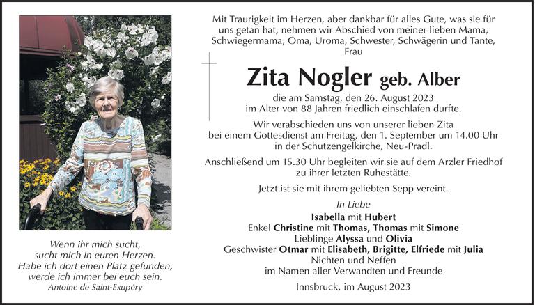 Traueranzeige von Zita Nogler vom 26.08.2023 | Tiroler Tageszeitung