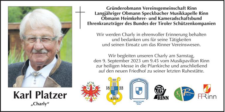 Traueranzeige von Karl Platzer vom 08.09.2023 | Tiroler Tageszeitung