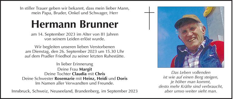 Traueranzeige von Hermann Brunner vom 14.09.2023 | Tiroler Tageszeitung