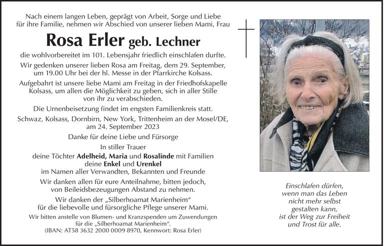 Traueranzeige von Rosa Erler vom 28.09.2023 | Tiroler Tageszeitung