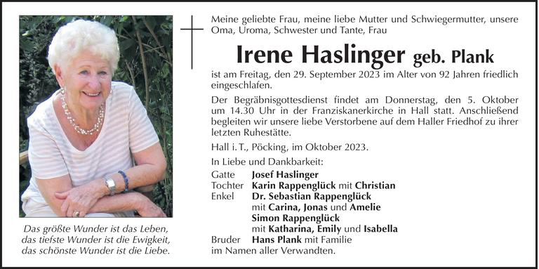 Traueranzeige von Irene Haslinger vom 29.09.2023 | Tiroler Tageszeitung