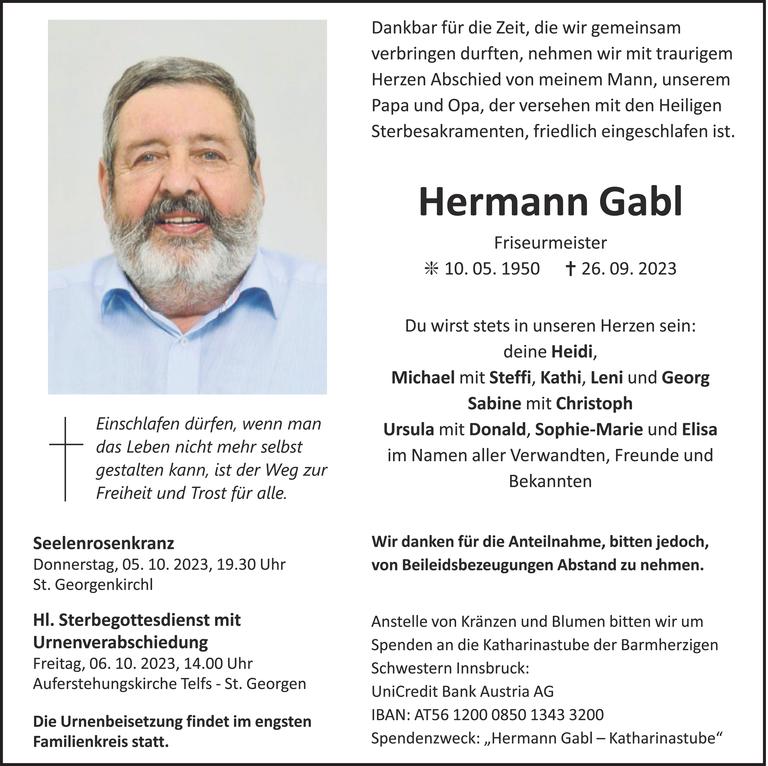 Traueranzeige von Hermann Gabl vom 26.09.2023 | Tiroler Tageszeitung
