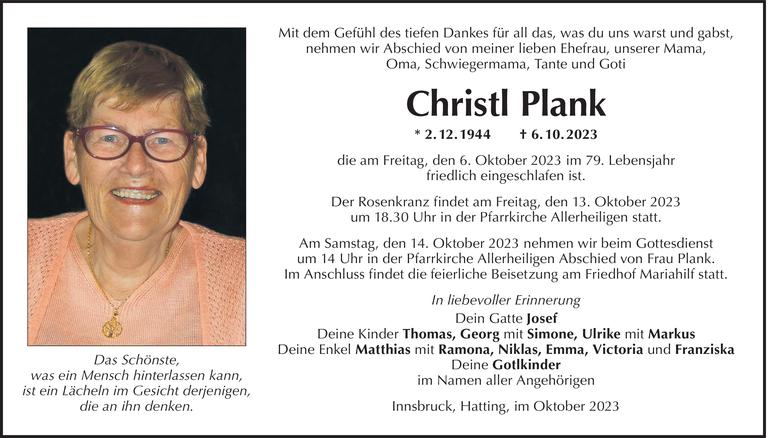 Traueranzeige von Christl Plank vom 06.10.2023 | Tiroler Tageszeitung