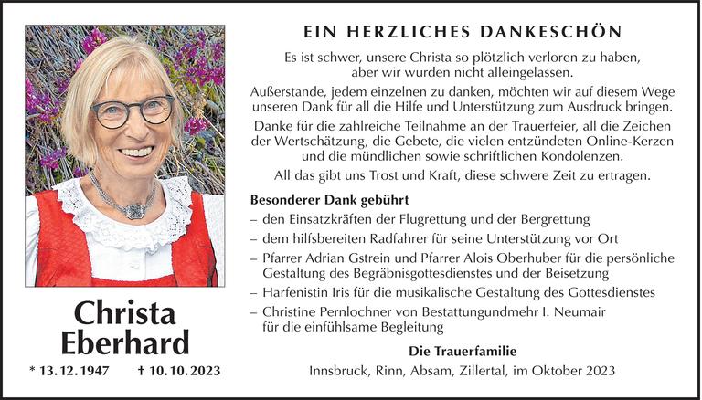 Danksagung von Christa Eberhard vom 10.10.2023 | Tiroler Tageszeitung