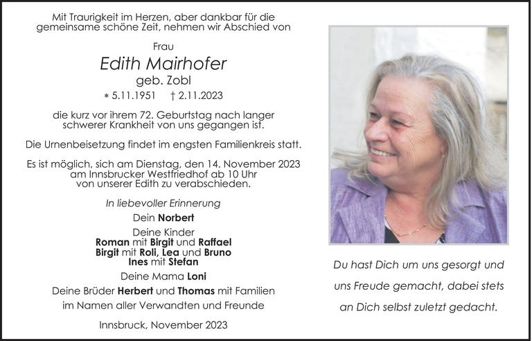 Traueranzeige von Edith Mairhofer vom 02.11.2023 | Tiroler Tageszeitung
