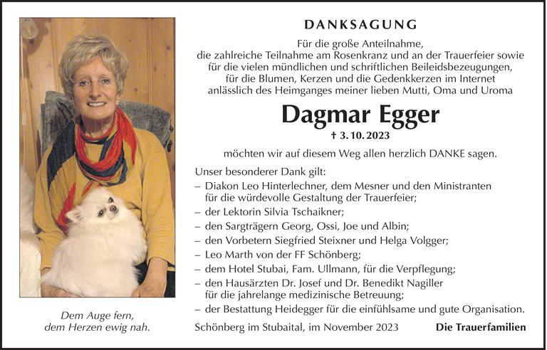 Danksagung von Dagmar Egger vom 03.10.2023 | Tiroler Tageszeitung
