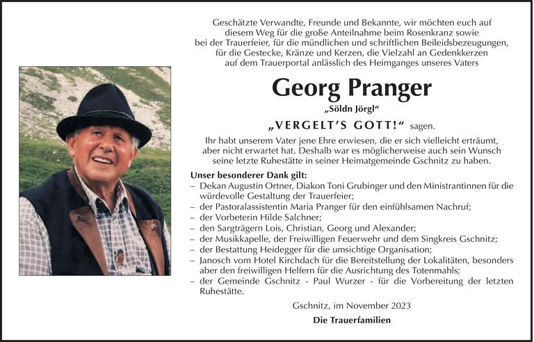 Danksagung von Georg Pranger vom 17.11.2023 | Tiroler Tageszeitung
