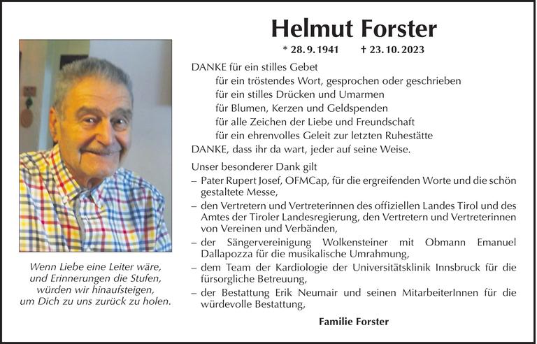 Danksagung von Helmut Forster vom 23.10.2023 | Tiroler Tageszeitung