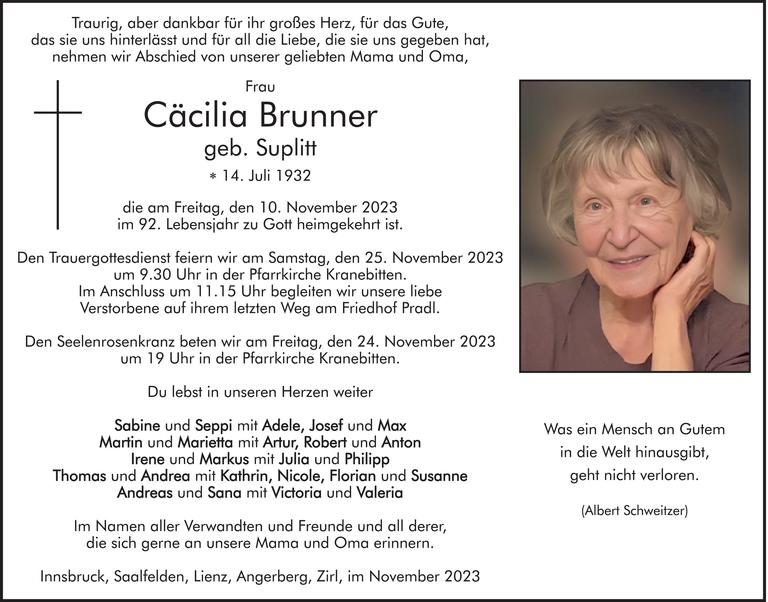 Traueranzeige von Cäcilia Brunner vom 10.11.2023 | Tiroler Tageszeitung