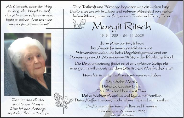 Traueranzeige von Margit Ritsch vom 24.11.2023 | Tiroler Tageszeitung
