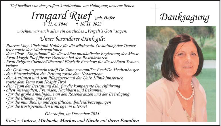 Danksagung von Irmgard Ruef vom 10.11.2023 | Tiroler Tageszeitung