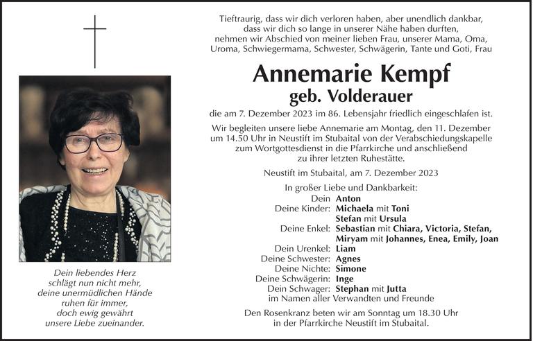 Traueranzeige von Annemarie Kempf vom 07.12.2023 | Tiroler Tageszeitung