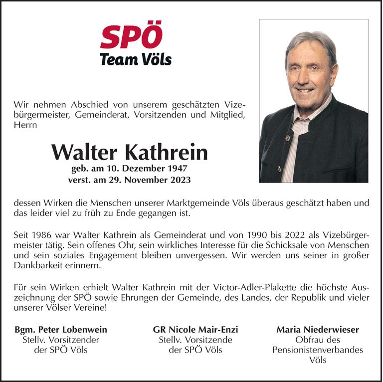 Traueranzeige von Walter Kathrein vom 29.11.2023 | Tiroler Tageszeitung