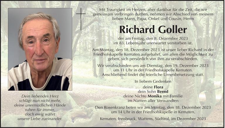 Traueranzeige von Richard Goller vom 08.12.2023 | Tiroler Tageszeitung