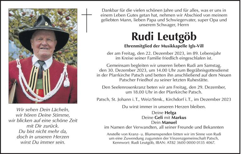 Traueranzeige von Rudi Leutgöb vom 22.12.2023 | Tiroler Tageszeitung