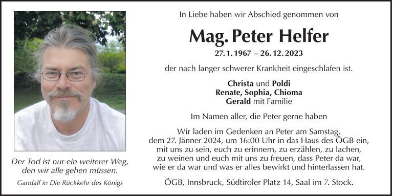 Traueranzeige von Peter Helfer vom 26.12.2023 | Tiroler Tageszeitung