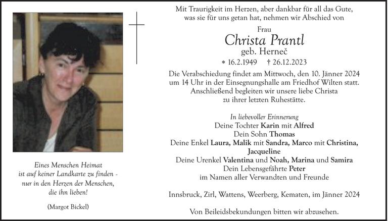 Traueranzeige von Christa Prantl vom 26.12.2023 | Tiroler Tageszeitung