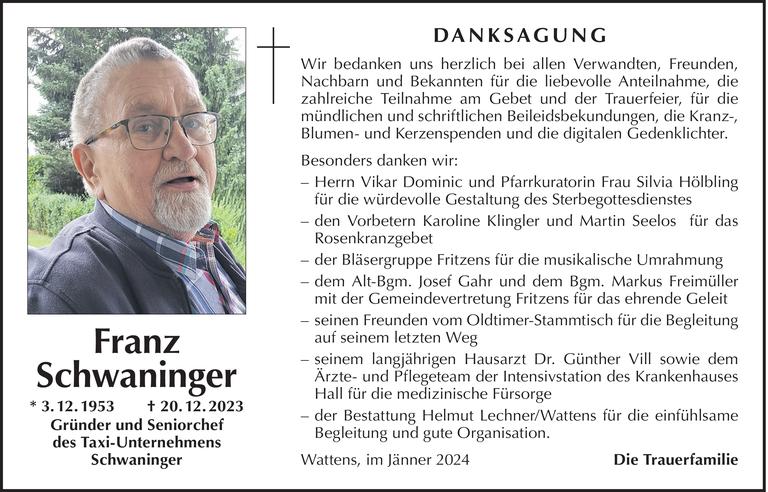 Danksagung von Franz Schwaninger vom 20.12.2023 | Tiroler Tageszeitung