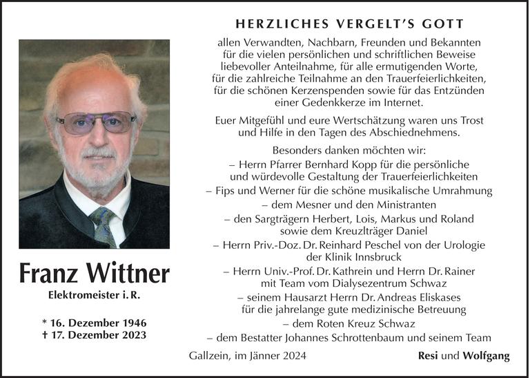 Danksagung von Franz Wittner vom 17.12.2023 | Tiroler Tageszeitung