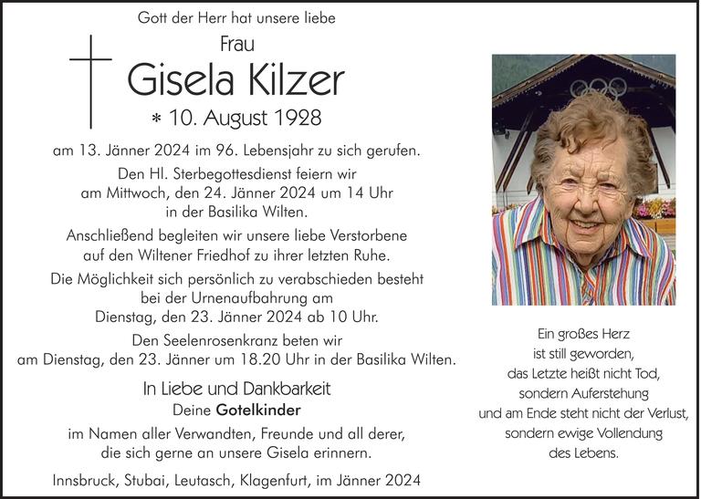 Traueranzeige von Gisela Kilzer vom 13.01.2024 | Tiroler Tageszeitung