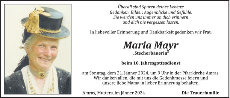 Jahrestag von Maria Mayr vom 21.01.2024 | Tiroler Tageszeitung