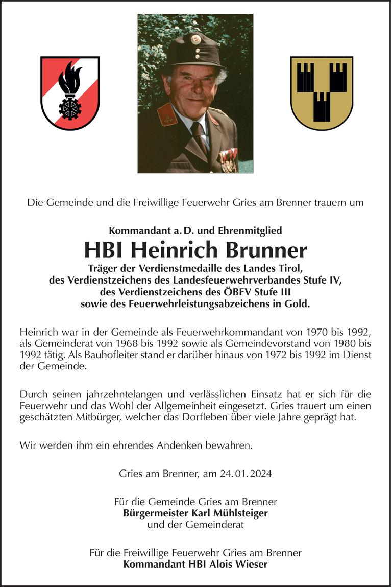 Traueranzeige von Heinrich Brunner vom 25.01.2024 | Tiroler Tageszeitung