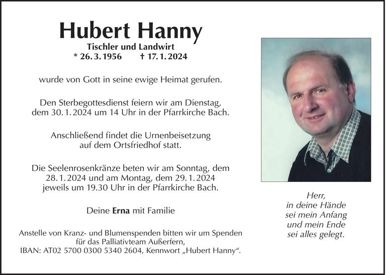 Traueranzeige von Hubert Hanny vom 17.01.2024 | Tiroler Tageszeitung