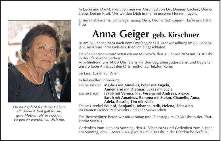 Traueranzeige von Anna Geiger vom 28.01.2024 | Tiroler Tageszeitung