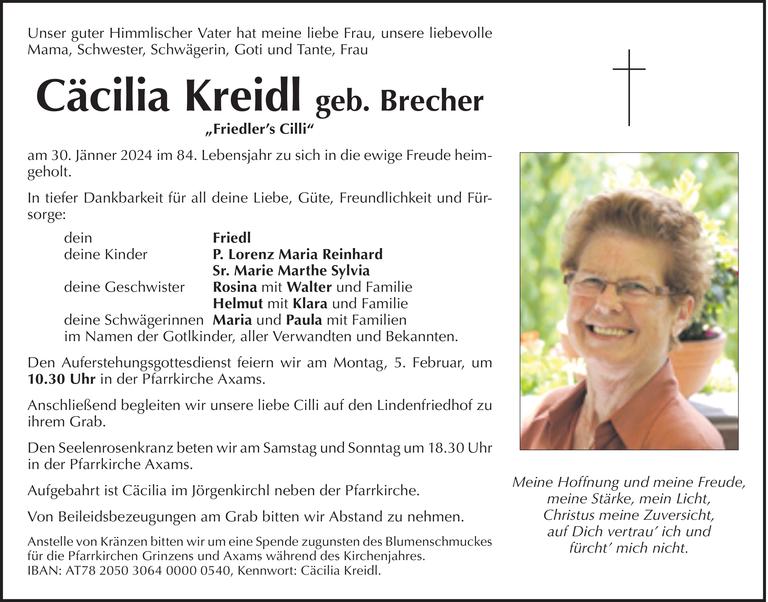 Traueranzeige von Cäcilia Kreidl vom 30.01.2024 | Tiroler Tageszeitung