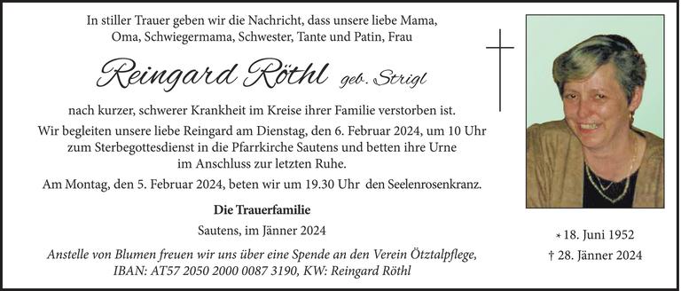 Traueranzeige von Reingard Röthl vom 28.01.2024 | Tiroler Tageszeitung