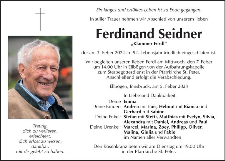 Traueranzeige von Ferdinand Seidner vom 03.02.2024 | Tiroler Tageszeitung