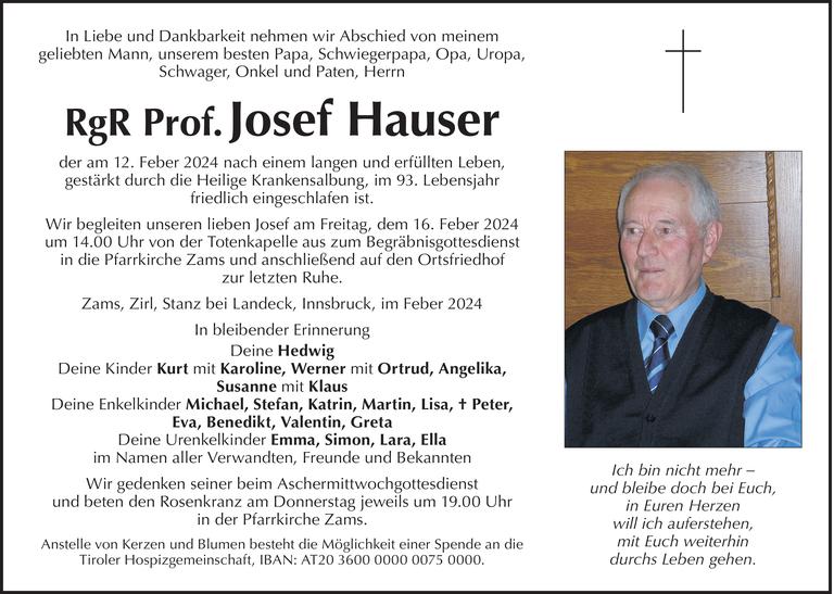 Traueranzeige von Josef Hauser vom 12.02.2024 | Tiroler Tageszeitung