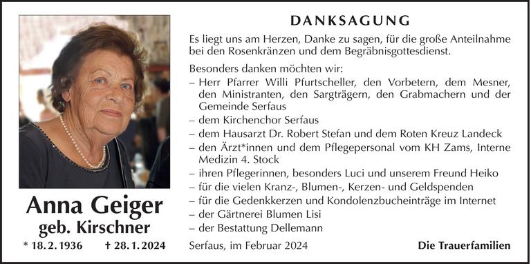 Danksagung von Anna Geiger vom 28.01.2024 | Tiroler Tageszeitung