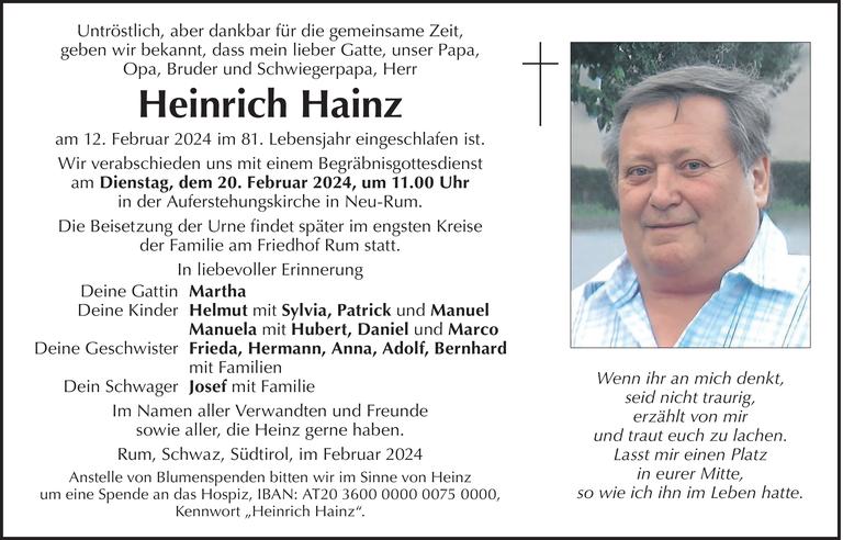 Traueranzeige von Heinrich Hainz vom 12.02.2024 | Tiroler Tageszeitung