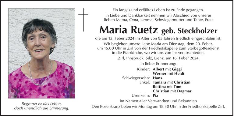 Traueranzeige von Maria Ruetz vom 15.02.2024 | Tiroler Tageszeitung