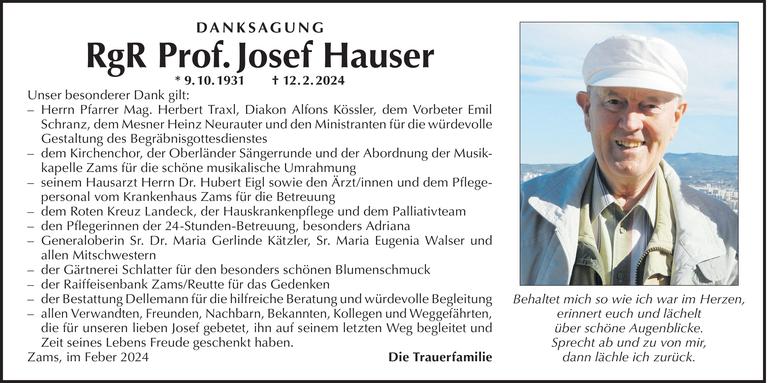 Danksagung von Josef Hauser vom 12.02.2024 | Tiroler Tageszeitung