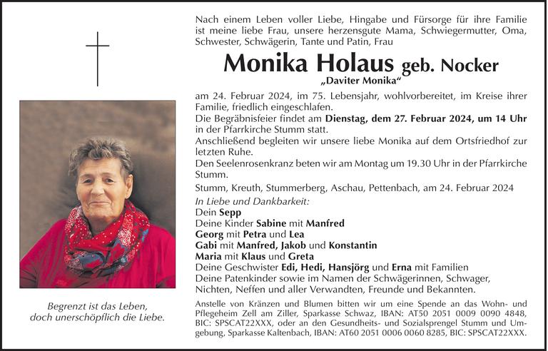 Traueranzeige von Monika Holaus vom 24.02.2024 | Tiroler Tageszeitung
