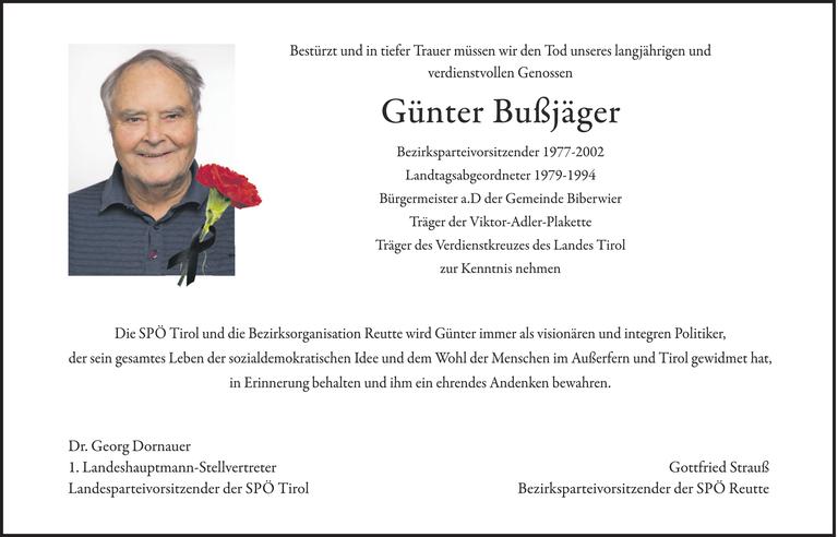 Traueranzeige von Günter Bußjäger vom 16.03.2024 | Tiroler Tageszeitung