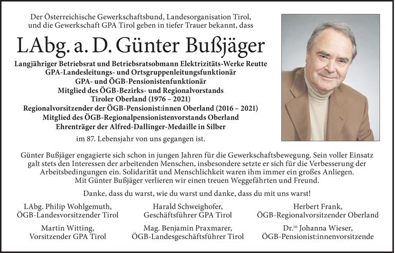 Traueranzeige von Günter Bußjäger vom 18.03.2024 | Tiroler Tageszeitung