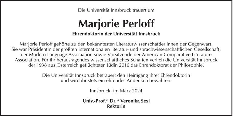 Traueranzeige von Marjorie Perloff vom 30.03.2024 | Tiroler Tageszeitung