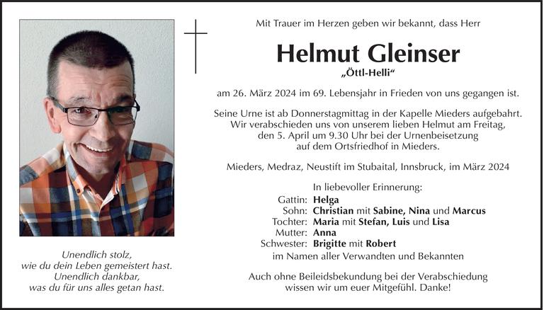 Traueranzeige von Helmut Gleinser vom 26.03.2024 | Tiroler Tageszeitung