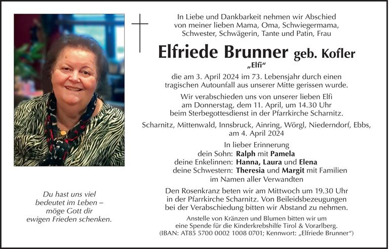 Traueranzeige von Elfriede Brunner vom 03.04.2024 | Tiroler Tageszeitung